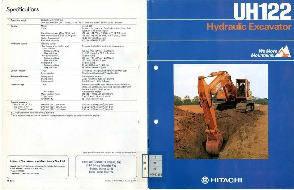 HITACHI UH122 HYDRAULIC EXCAVATOR｜建設機械化ライブラリー