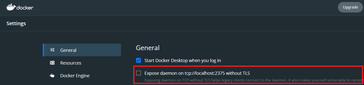 Dockerの設定項目「Expose daemon on tcp://localhost:2375 without TLS」についてまとめてみた｜まさ