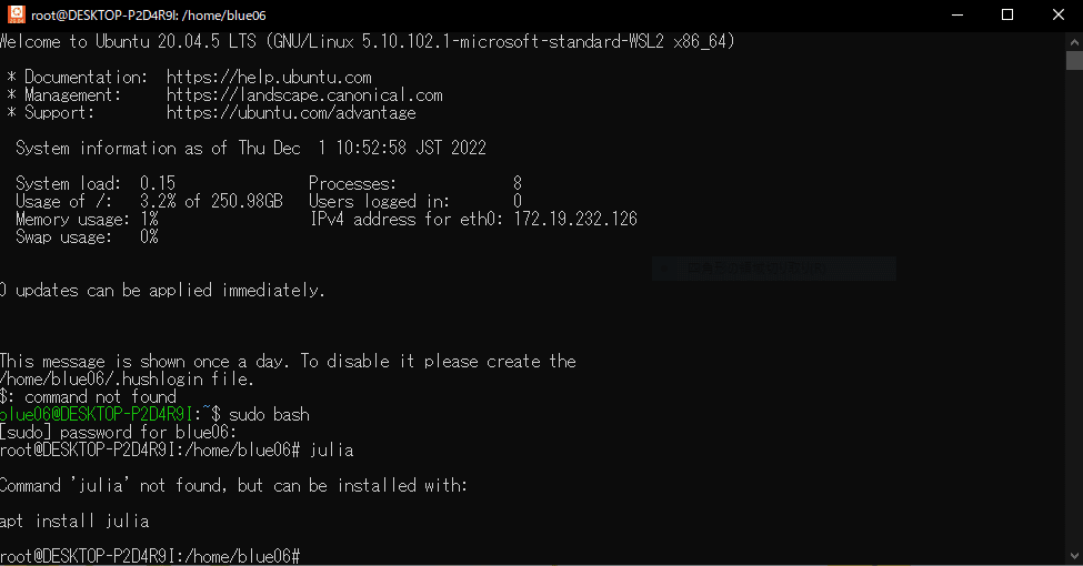 windows10 22h2{wsl} WSLに julia install｜blue06_2022