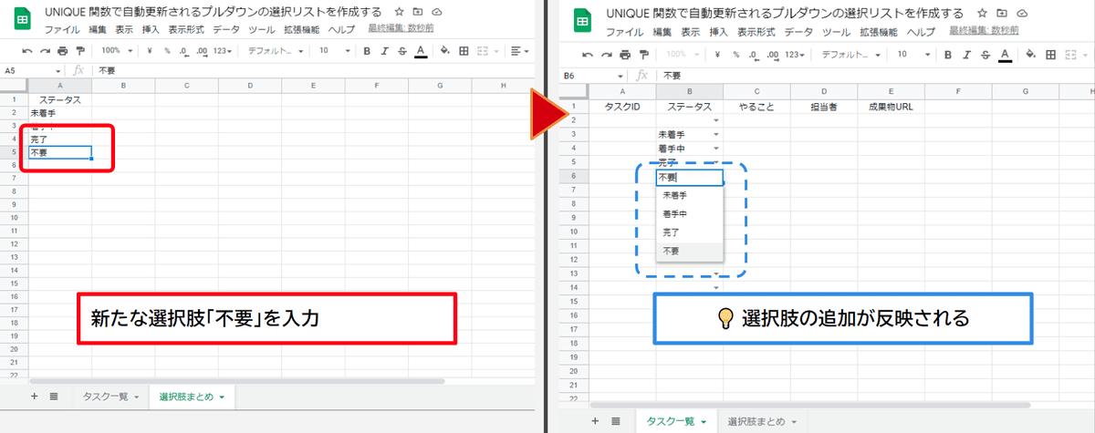 【図解あり】Google スプレッドシートでプルダウンの選択リストをUNIQUE 関数で動的に作成する｜Teeda