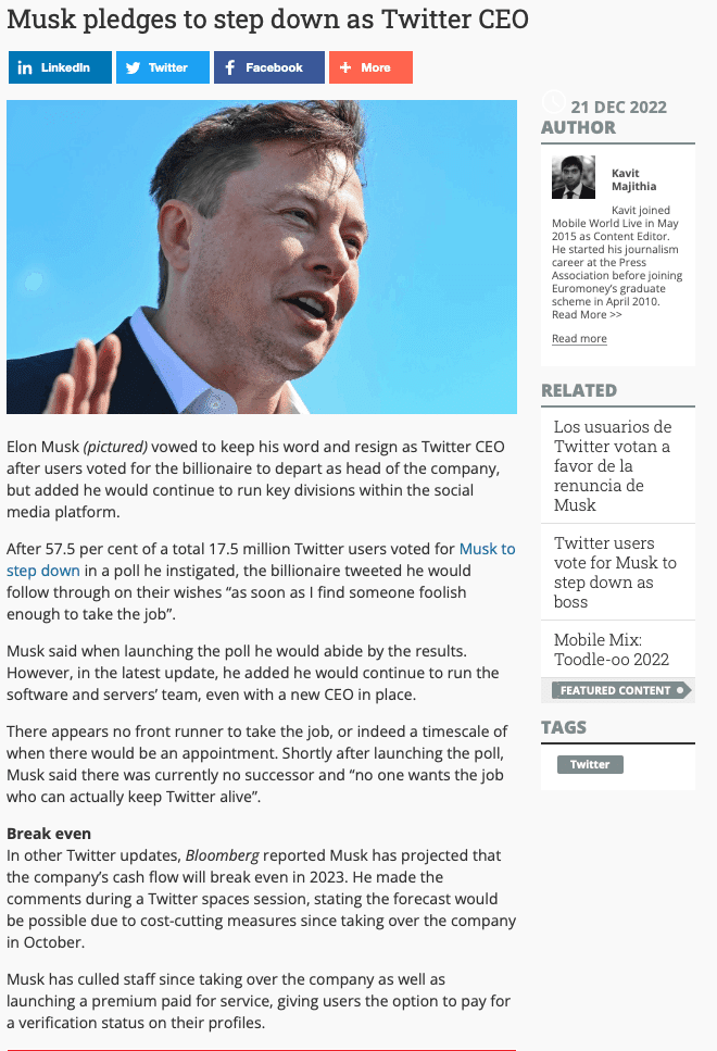 Elon Musk、Twitter辞任発表。｜DigitalCreator