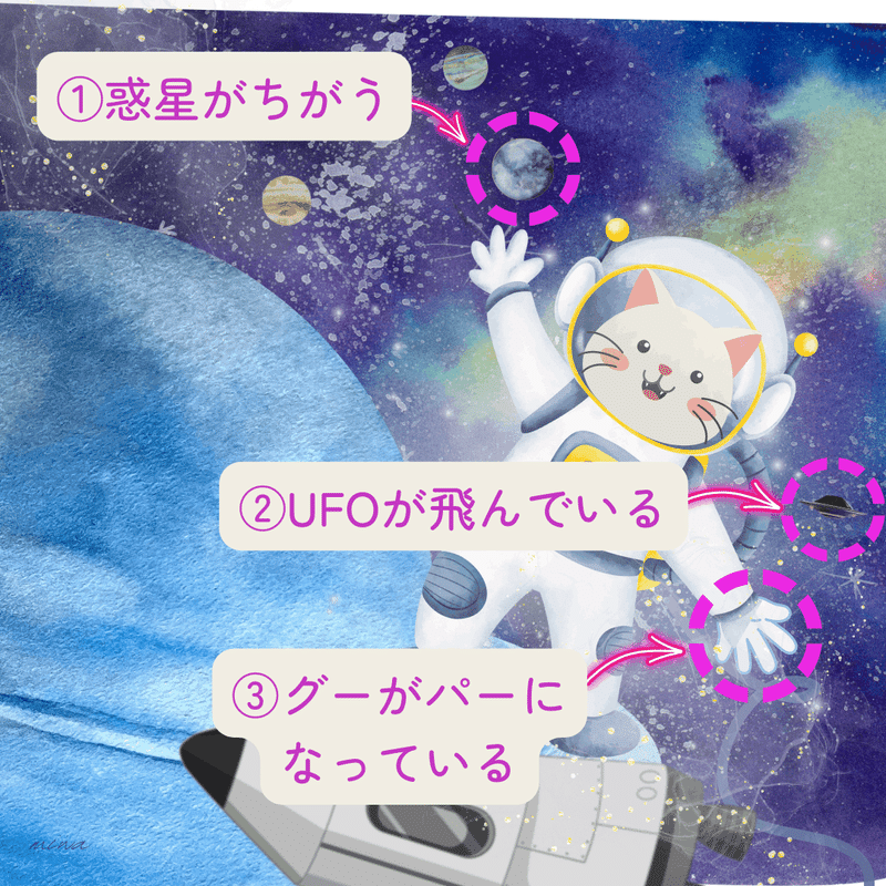 まちがいさがし(6)猫の宇宙飛行士｜miwa｜note