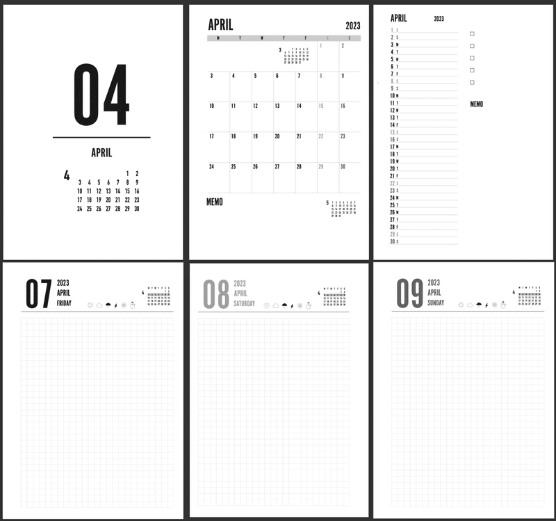A5サイズリフィル/日付シート無料ダウンロード[ 2023年4月分 ]｜note1015