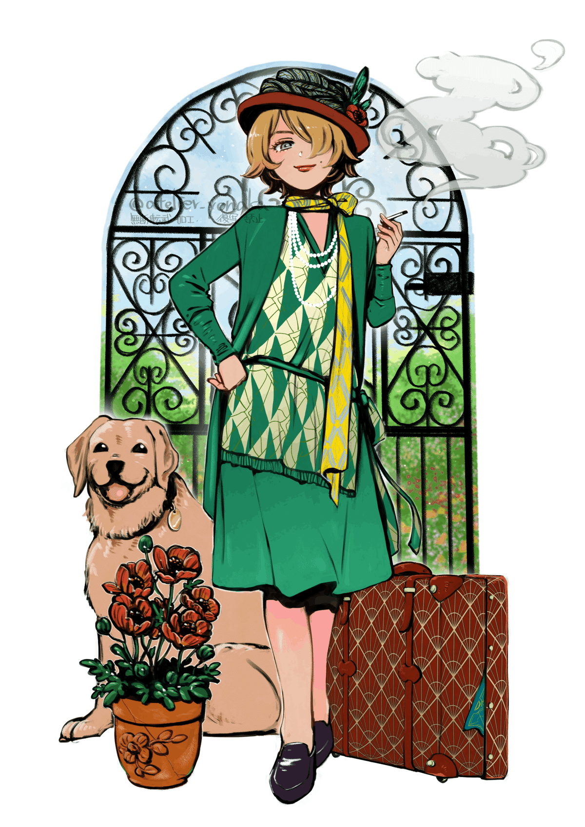 ミス・バートレットと愛犬ポピーの肖像｜イラストレーターyonaka/よなか