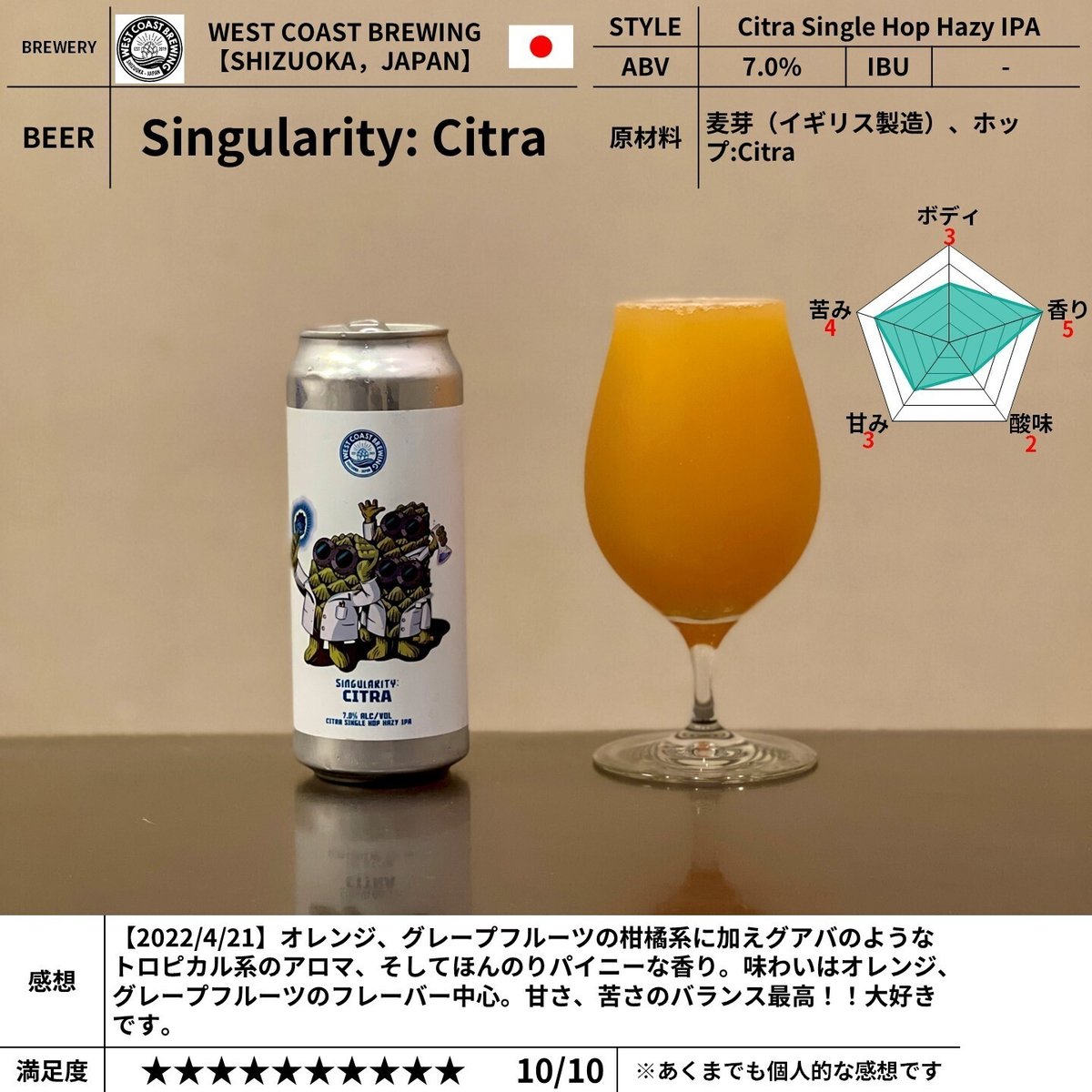 WEST COAST BREWING の「Singularity: Citra」｜yamashin0120