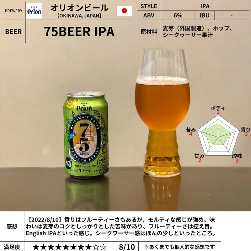 オリオンビール（ORION BEER）の「75BEER IPA」｜yamashin0120