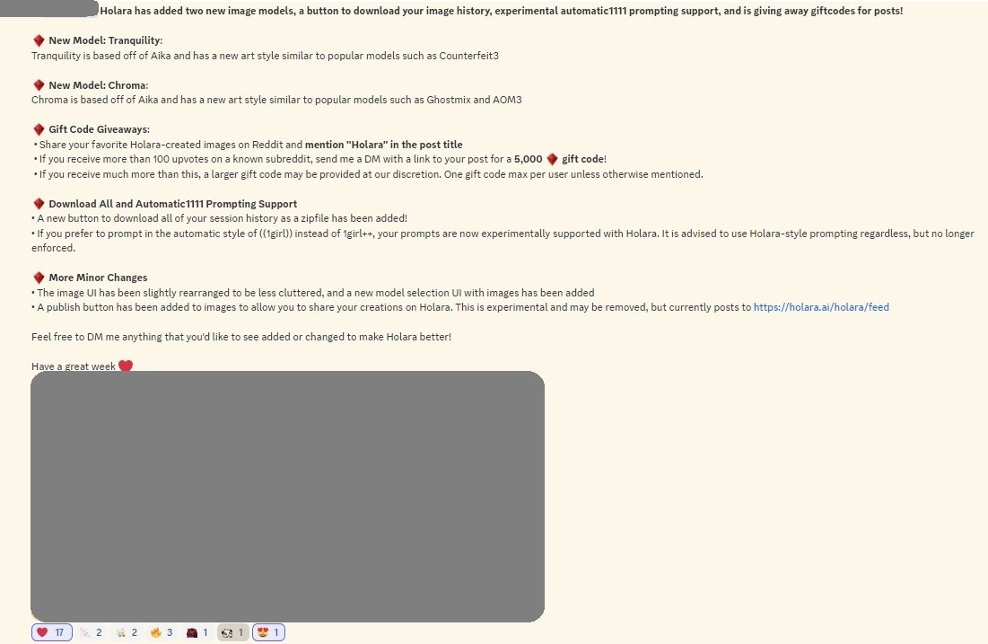 HolaraAIで2キャラ追加アプデきたぞぉぉ！！！（俺歓喜） Reddit投稿でギフトあり、UI改善！ こういうアプデ頻度でいいんだよ｜すきづきん@レイキopenAI狂GPTs