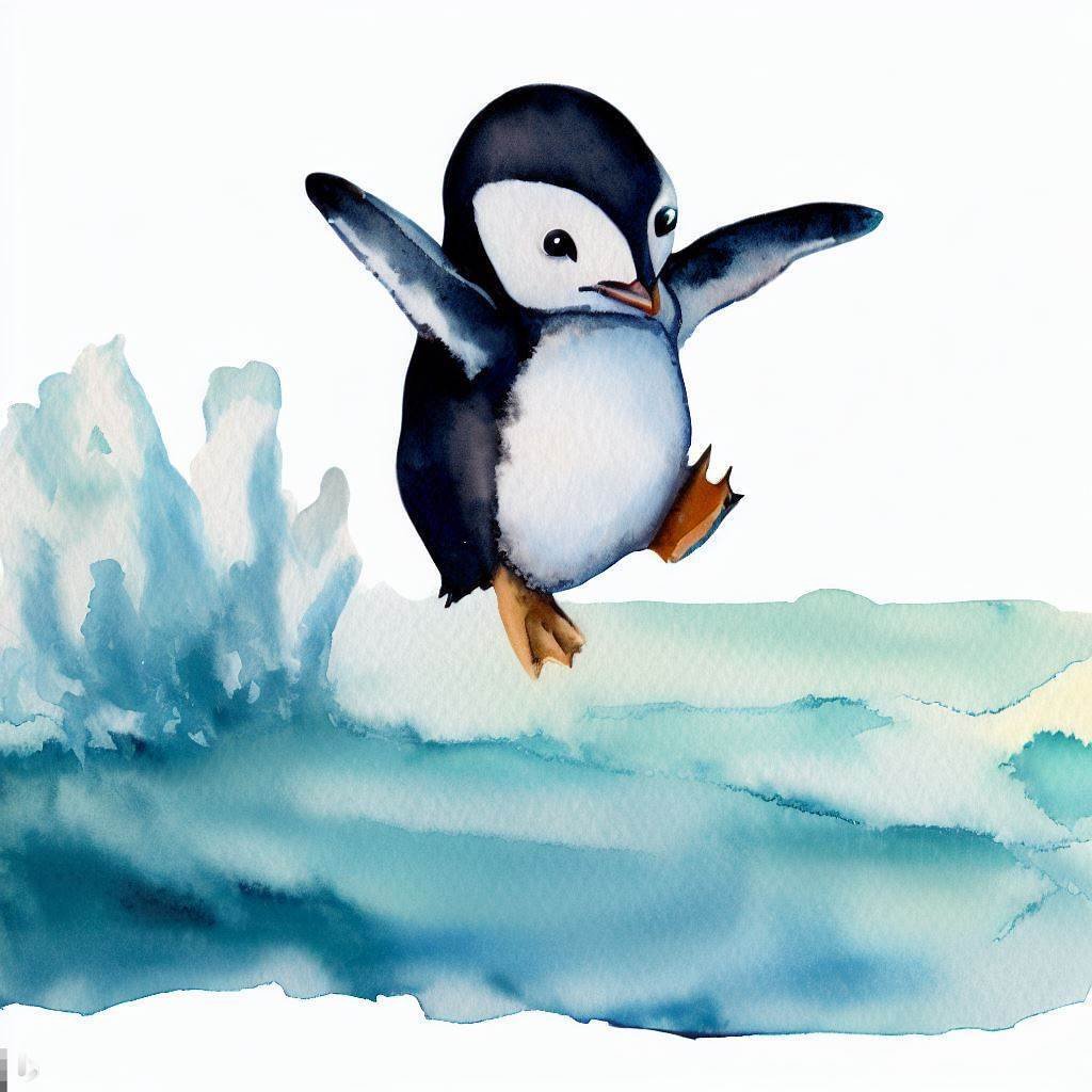 AI生成画像 「ファーストペンギンが海に向かってジャンプする」｜青柳 政孝 (Aoyagi Masataka) _画像投稿用