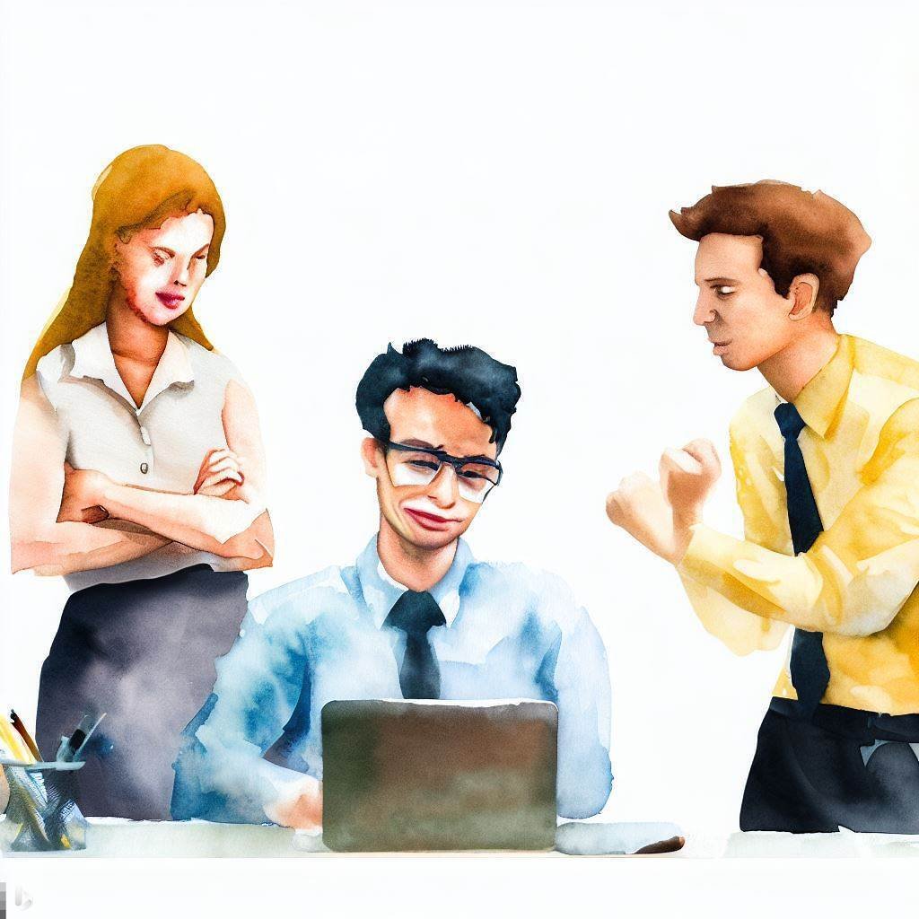 AI生成画像 「女性の上司に男性社員が怒られていて男性社員はうなだれている」｜青柳 政孝 (Aoyagi Masataka) _画像投稿用