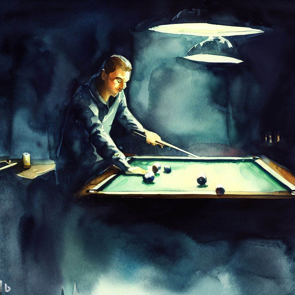 AI生成画像「暗いバーでビリヤードに興じる若者」｜青柳 政孝 (Aoyagi Masataka) _画像投稿用