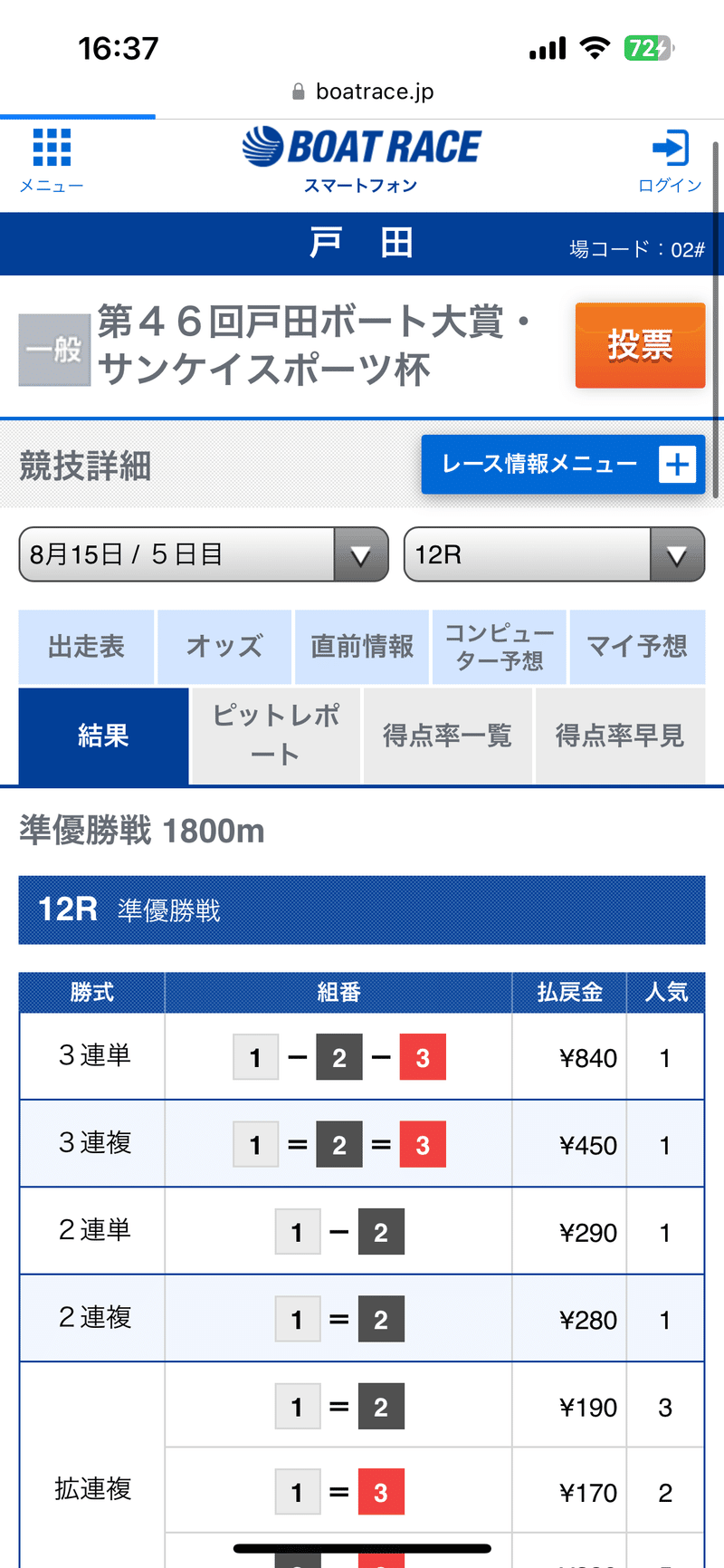 8/15 🦋㊗️的中報告㊗️🦋 ㊗️戸田競艇㊗️🎊12R 8.4倍的中㊗️ 本命4点🎯🎉㊗️連続的中🎯🎯絶好調🎉🌈ビシキマ‼️次も当てまーす💪 ｜🔥競艇予想 てっちゃん🔥