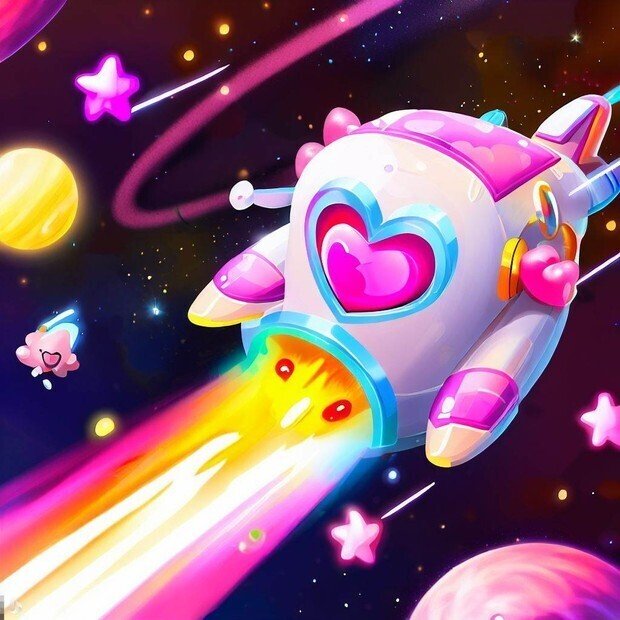 『創作の庭』用【プロンプト付きキャラクターカード】colorful twinkle laserを放つ宇宙船｜tsundereloid