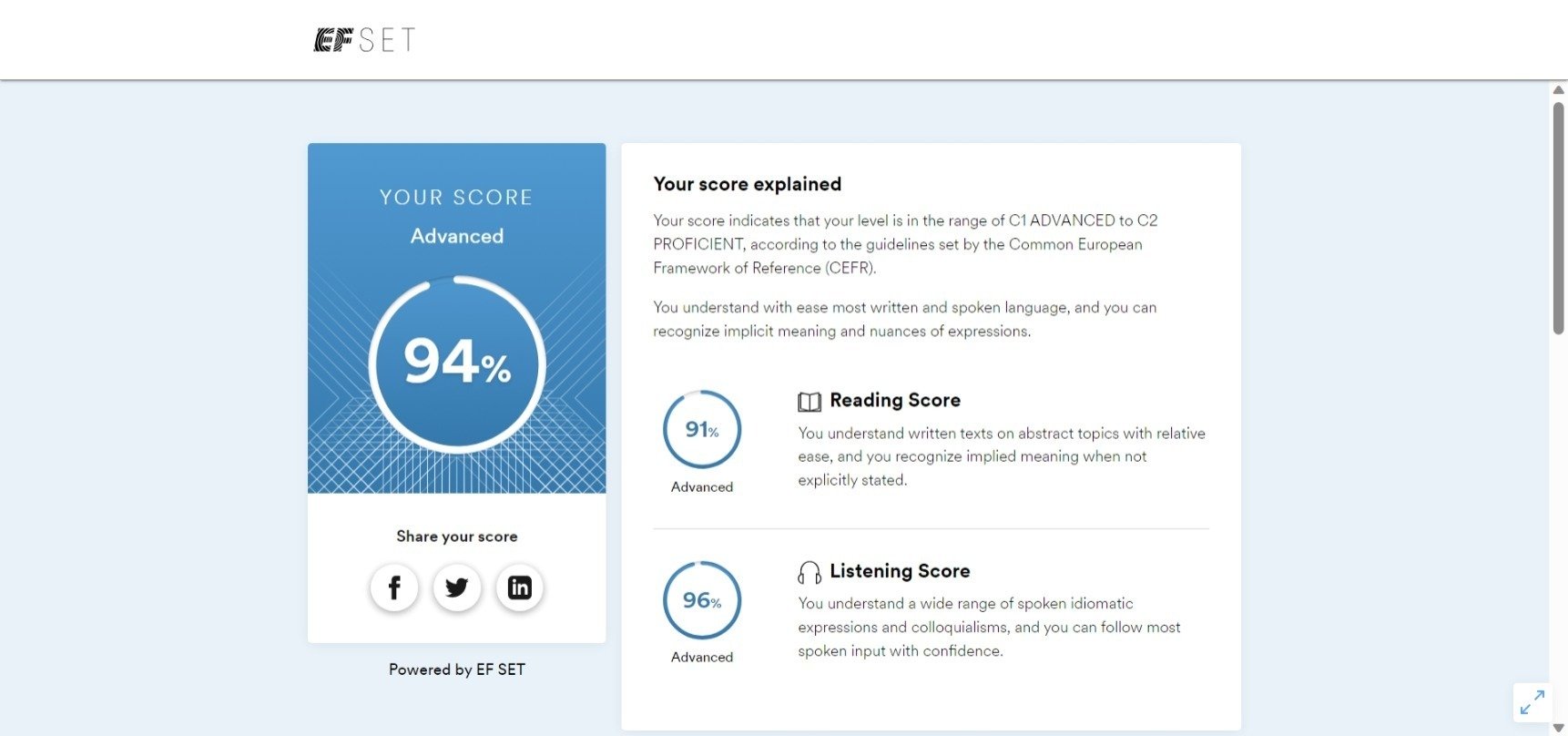 EF SET Quick Check (EF簡易英語テスト)の結果｜ねむねむ