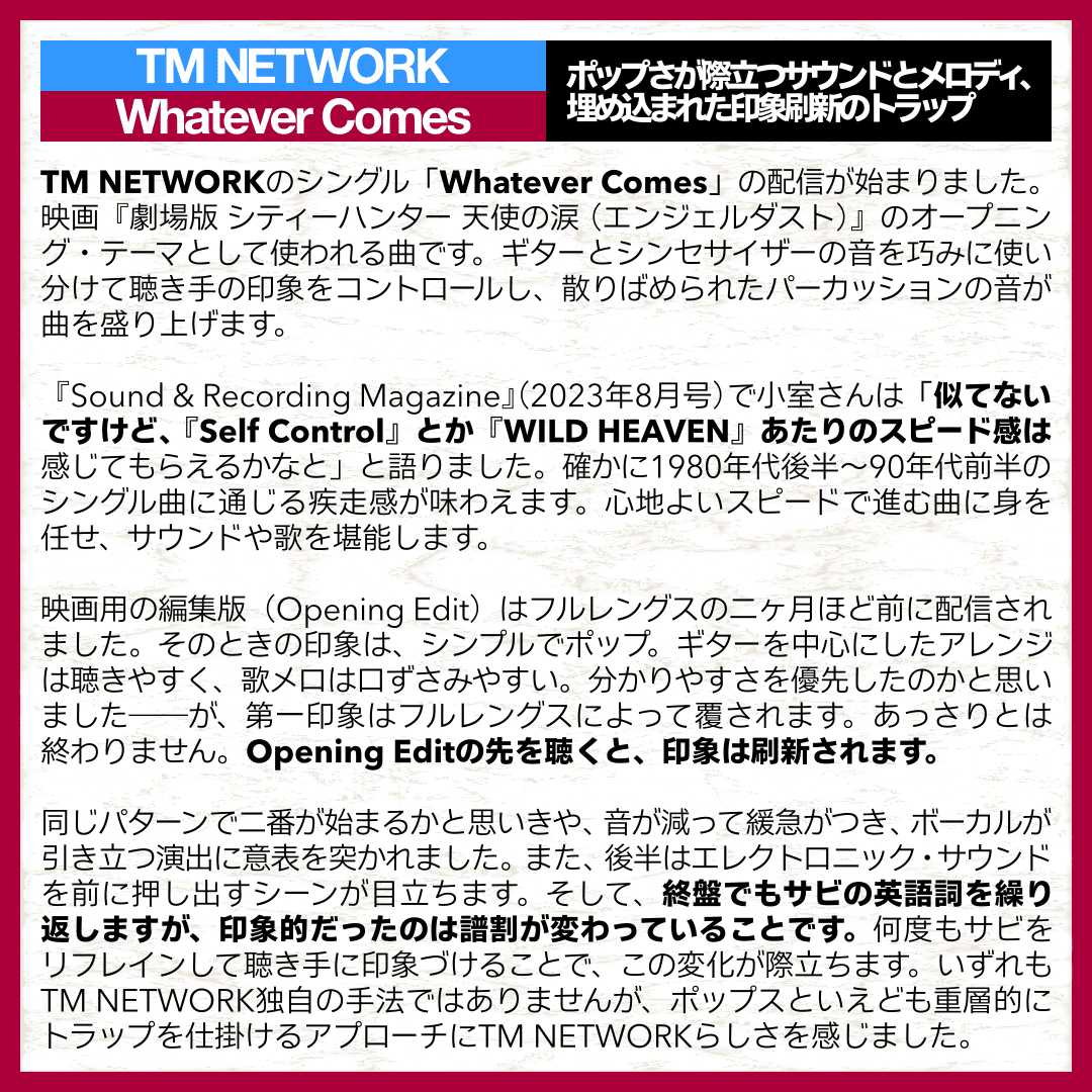 TM NETWORK「Whatever Comes」｜fujiokashinya