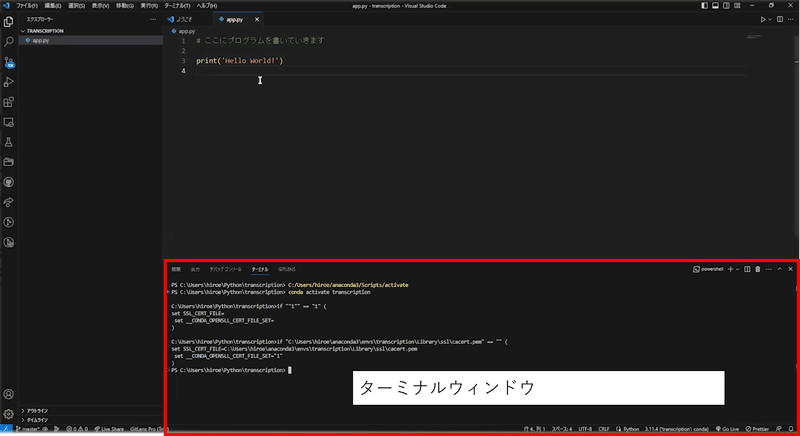 Anaconda & Visual Studio Codeインストールと、簡単なプログラム実行手順｜ひろえ