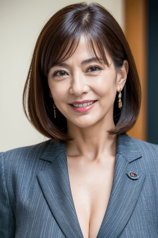 谷間で若い男を誘惑【50代巨乳OL】AI熟女グラビア写真集(50枚)「呪文(プロンプト)付き」｜AI熟女ハンター