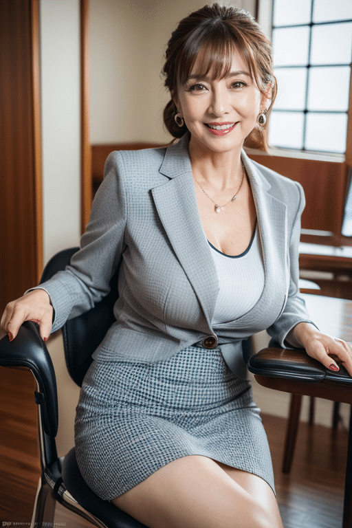 若い男は即採用♪【椅子に座る50代OL】AI熟女グラビア写真集(50枚)「呪文(プロンプト)付き」｜AI熟女ハンター