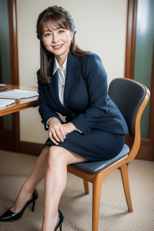 若い男は即採用♪【椅子に座る50代OL】AI熟女グラビア写真集(50枚)「呪文(プロンプト)付き」｜AI熟女ハンター