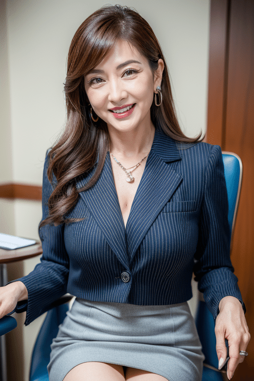 若い男は即採用♪【椅子に座る50代OL】AI熟女グラビア写真集(50枚)「呪文(プロンプト)付き」｜AI熟女ハンター