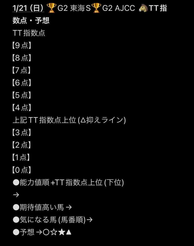 1/21（日）JRA×TT指数表🐴適正(T)展開(T)有利指数、能力値準表、予想 🌈🏆G2 東海S🏆G2 AJCC｜ミッキィロケット