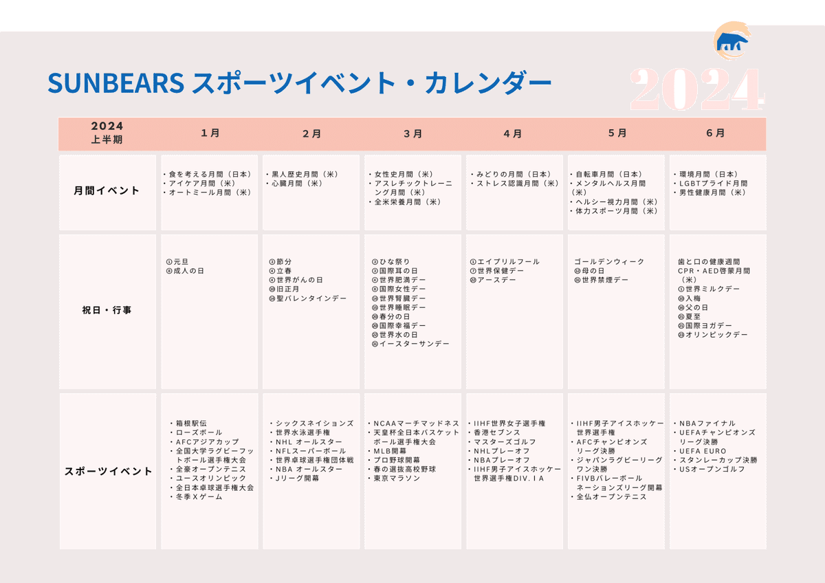 2024年上半期のスポーツイベント・カレンダー｜Sunbears Official【公式】