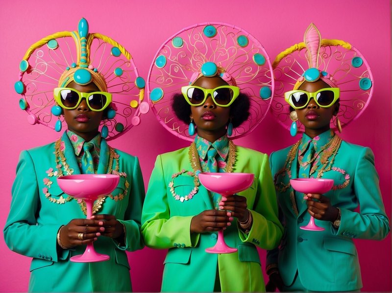 緑とピンクとサンバと乾杯をテーマに生成AIが生成した画像｜どんむ