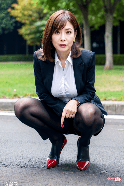 パンツを見せつけて挑発【50代OLしゃがみポーズ】AI熟女グラビア写真集(50枚)「呪文(プロンプト)付き」｜AI熟女ハンター