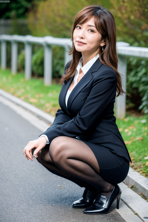 パンツを見せつけて挑発【50代OLしゃがみポーズ】AI熟女グラビア写真集(50枚)「呪文(プロンプト)付き」｜AI熟女ハンター