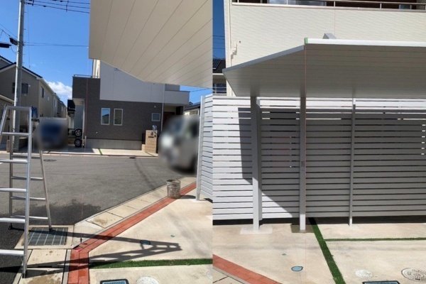 【最近の施工事例】＜カーポート＞カーポートSCの敷地に合わせた斜めカット｜エクスガーデンナビ(エクステリアとガーデンのお店)