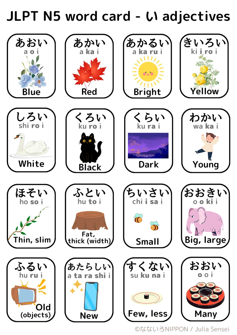 JLPT N5 word card for adjectives｜Julia Sensei / 入道 the New Door ...