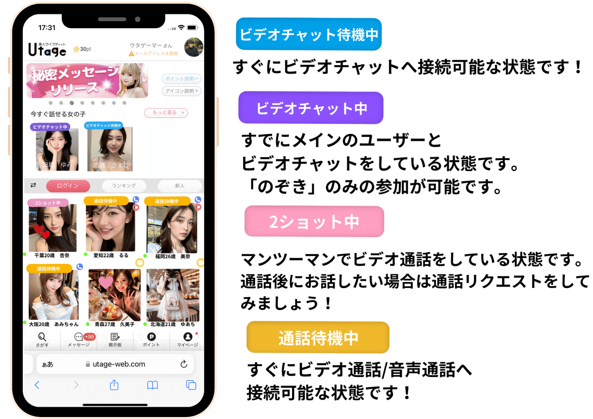 【Utage】各機能の説明と使い方【素人ビデオチャット-うたげ-】｜【公式】Utage(うたげ) - 素人とエッチなビデオチャットができるWEB チャットサイト