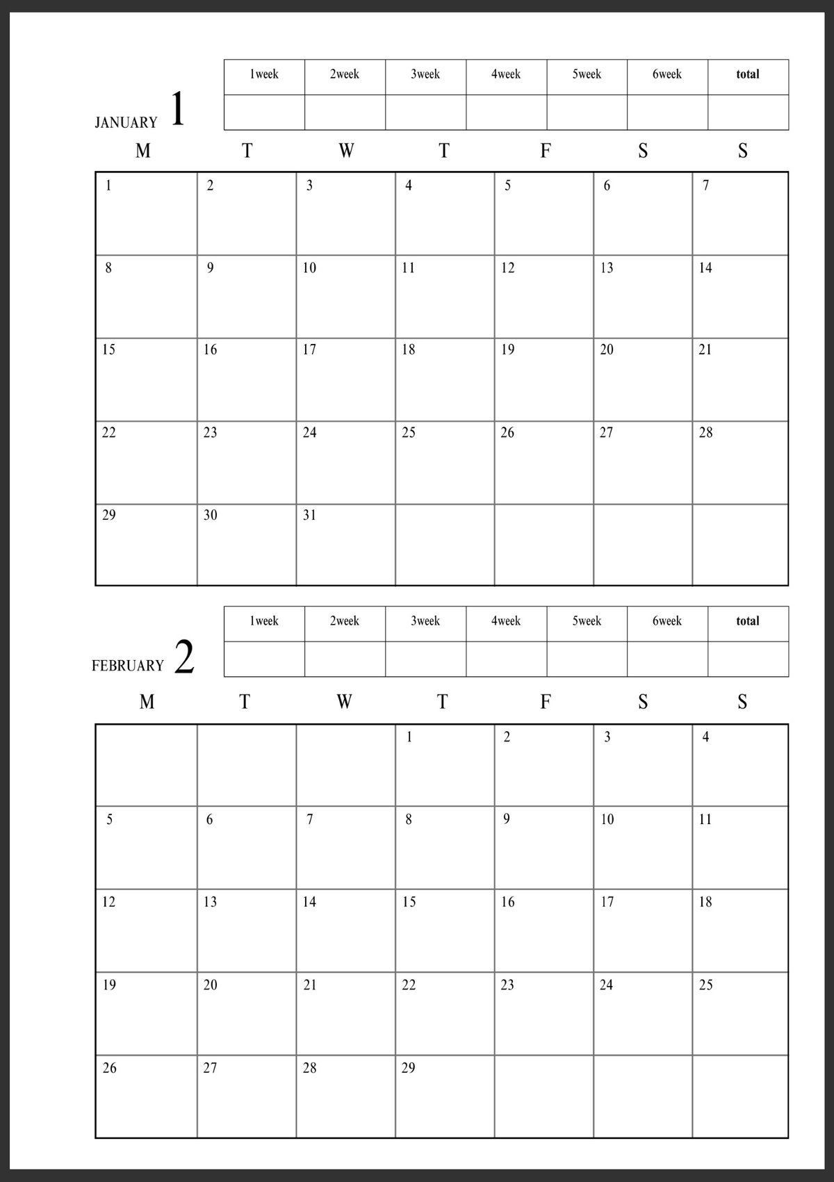 A5サイズ2ヶ月単位マンスリー：日付あり・なし / 週表｜note1015