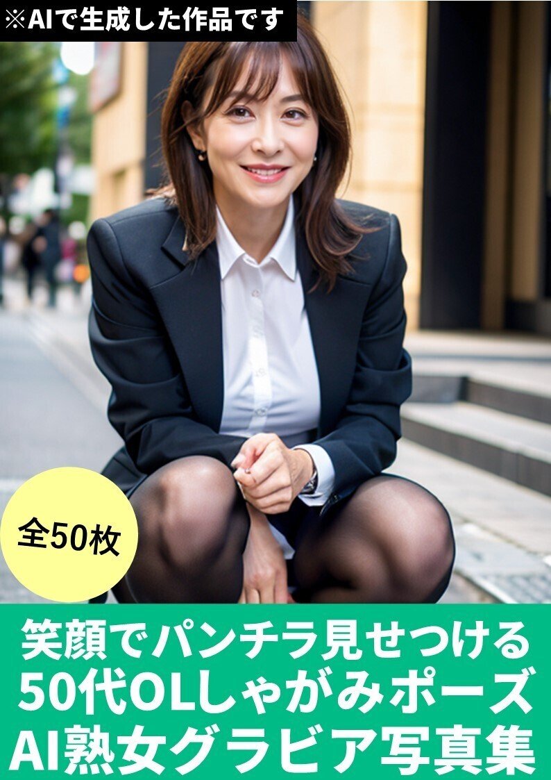 笑顔でパンチラ見せつける【50代OLしゃがみポーズ】AI熟女グラビア写真集(50枚)「呪文(プロンプト)付き」｜AI熟女ハンター