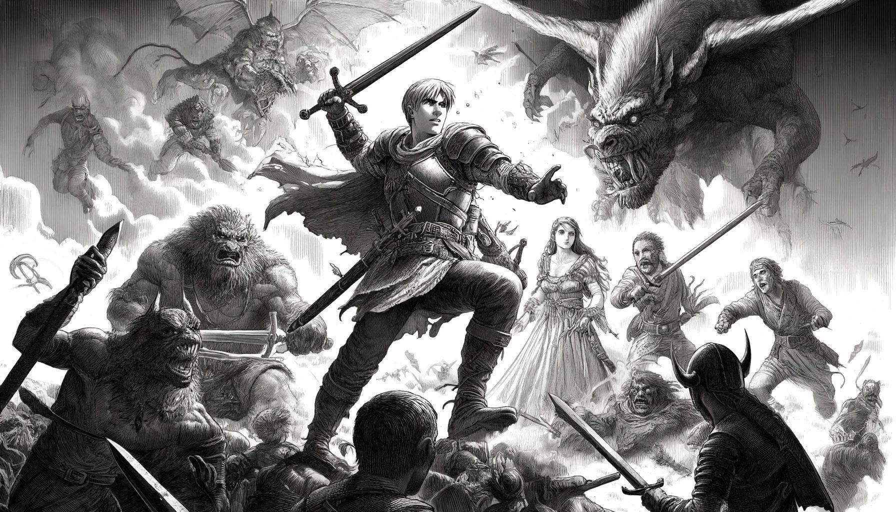 【イラスト】ファンタジーなバトルシーン（1960年代の単行本の挿絵風）｜Koji Doi｜AIエンジニア｜webライター｜バイオ系ライター・アナリスト