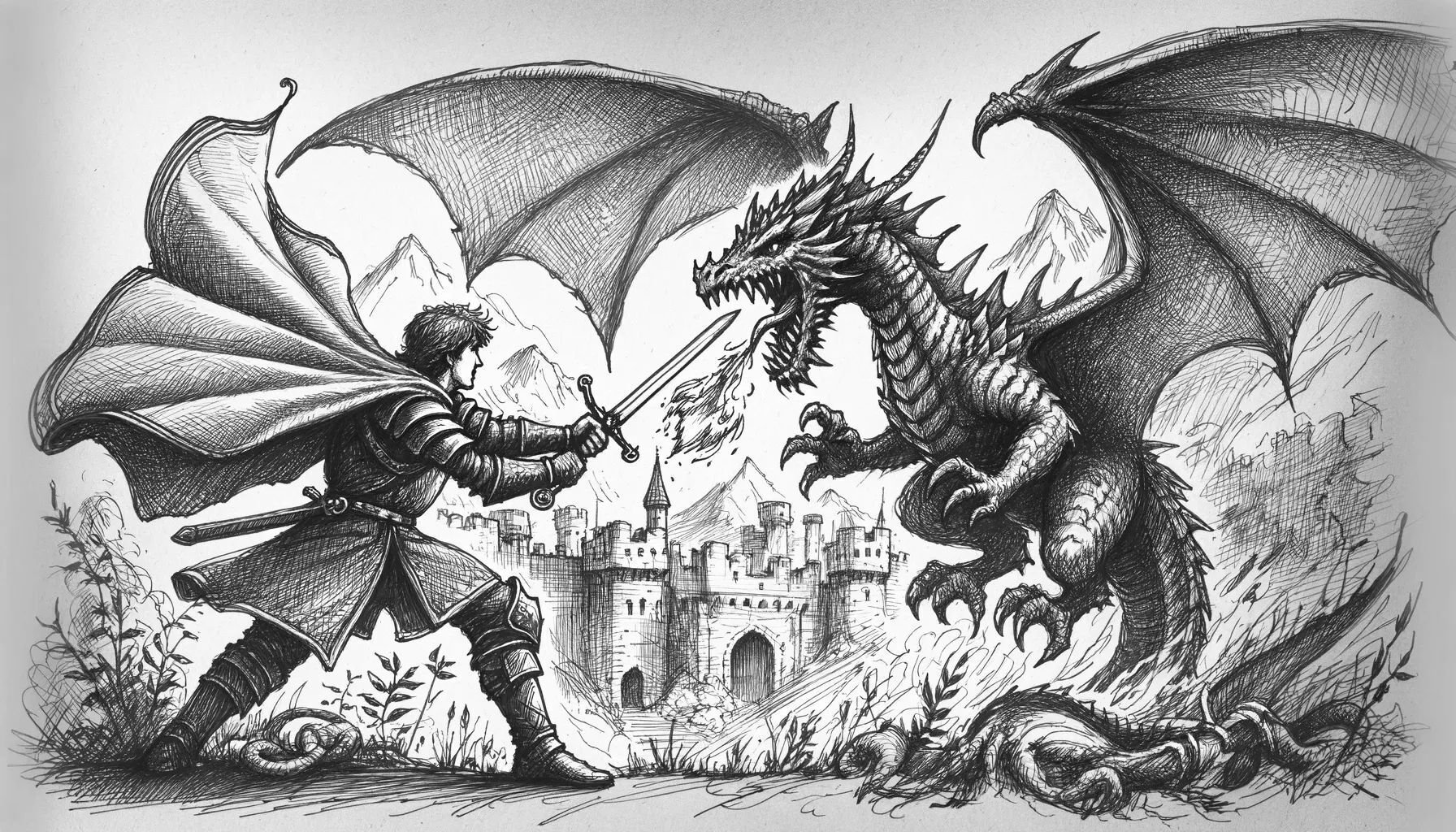 【イラスト】ファンタジーなバトルシーン（1960年代の単行本の挿絵風）｜Koji Doi｜AIエンジニア｜webライター｜バイオ系ライター・アナリスト