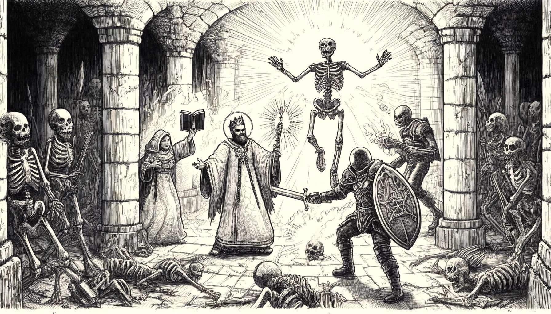 【イラスト】ファンタジーなバトルシーン（1960年代の単行本の挿絵風）｜Koji Doi｜AIエンジニア｜webライター｜バイオ系ライター・アナリスト