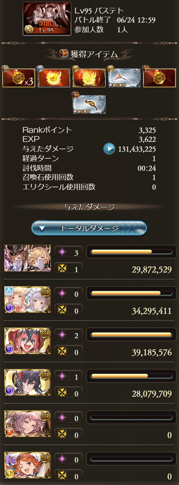 【グラブル】闇古戦場95hellフルオ1召喚6アビ｜nus