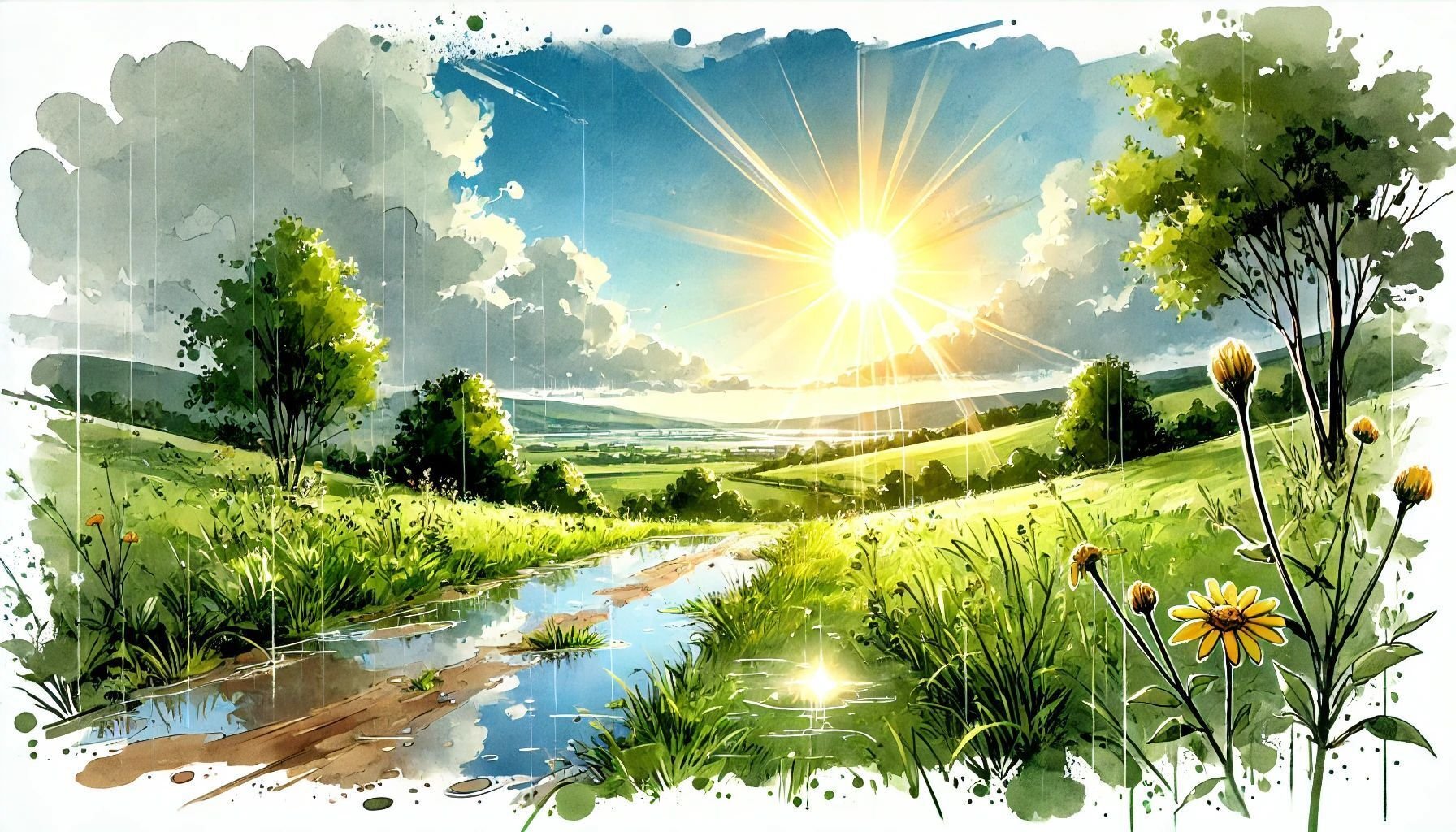 【イラスト】梅雨空と束の間の晴れ間｜Koji Doi｜AIエンジニア｜webライター｜バイオ系ライター・アナリスト