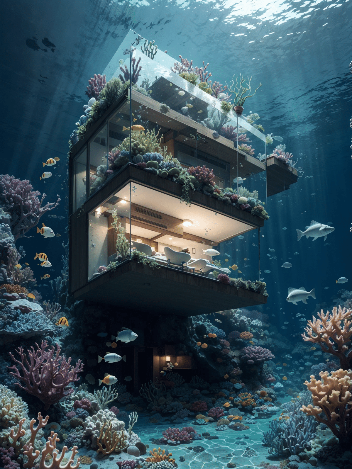 初心者必見!【水中ハウス/ホテル】コピぺAIイラスト｜背景プロンプト呪文全公開｜mimi@AIart