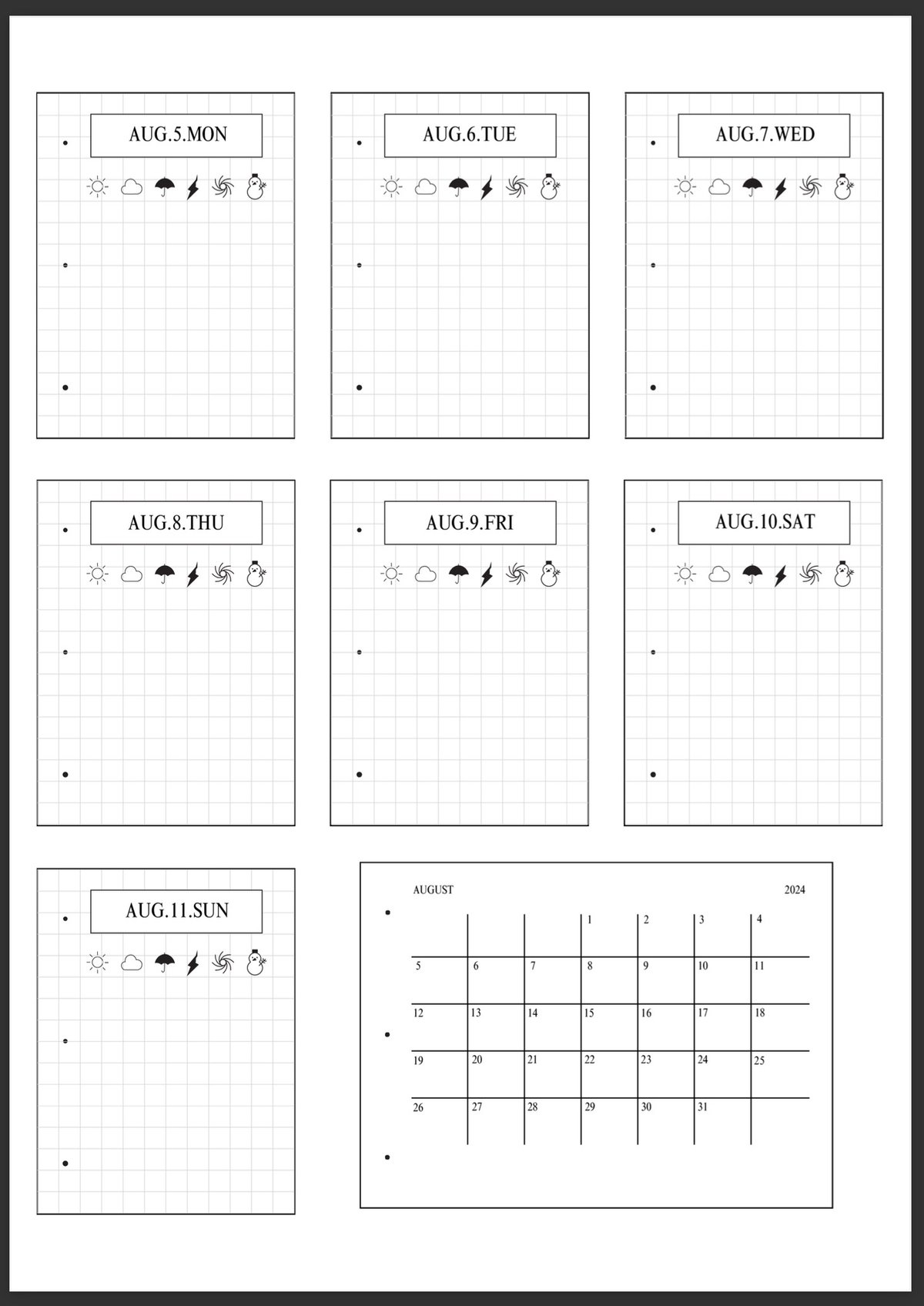 8月分定期自作リフィル無料ダウンロード：M5/M6/M3/日付シート｜note1015