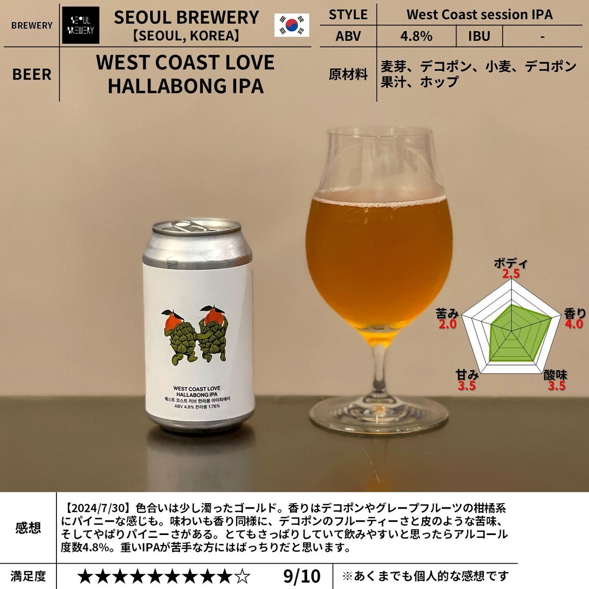 SEOUL BREWERYの「WEST COAST LOVE HALLABONG IPA」｜yamashin0120