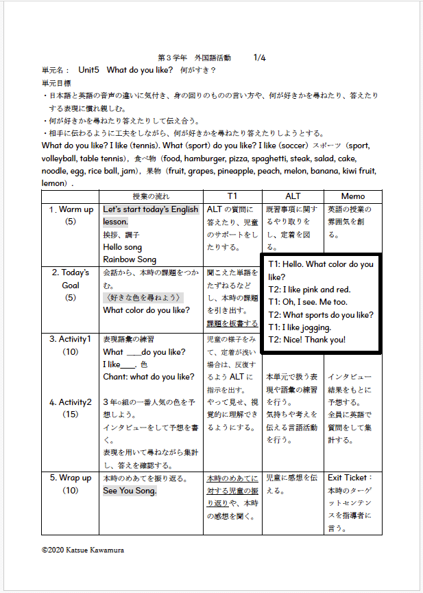 3rd U5 What do you like①②③④指導案・ワークシート｜小学校英語専科