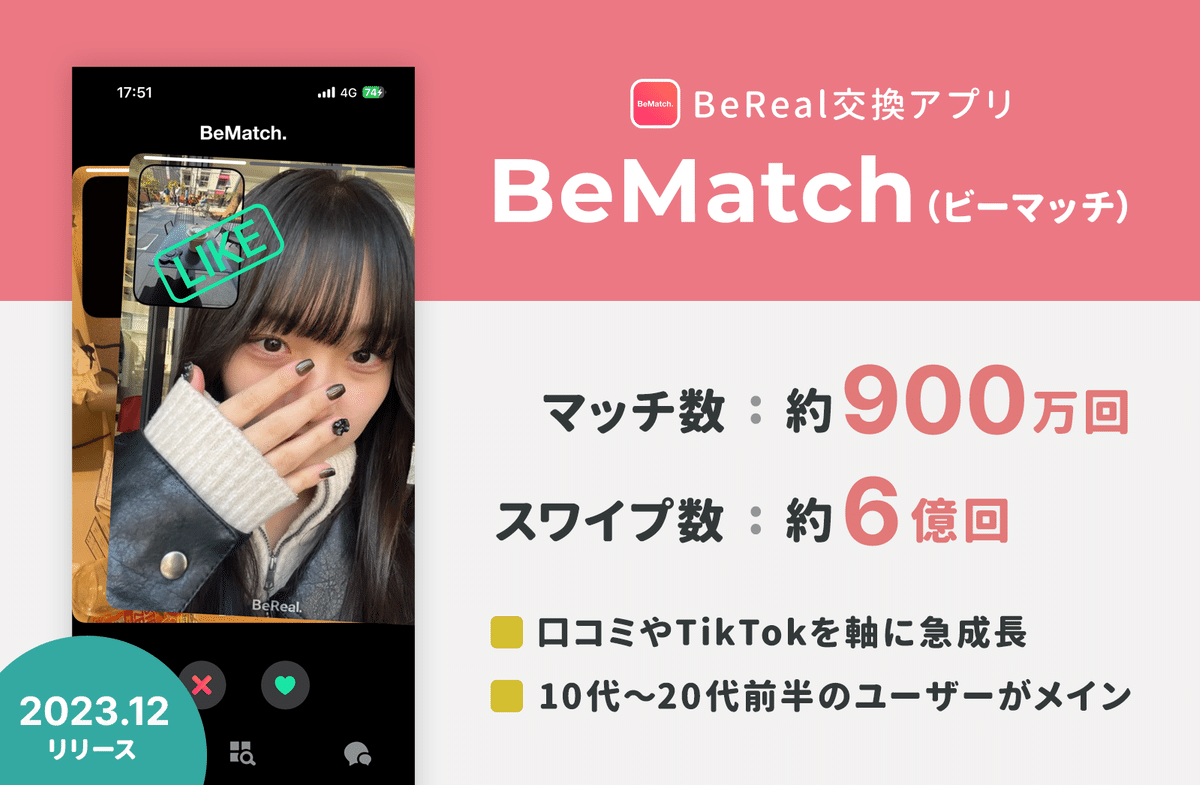関連動画が1億回再生。BeReal交換アプリの「BeMatch」に聞く、TikTokマーケを起点に急成長した方法。顕在化したニーズを軸に「伸びるプロダクト」を生み出すコツ。｜アプリマーケティング研究所