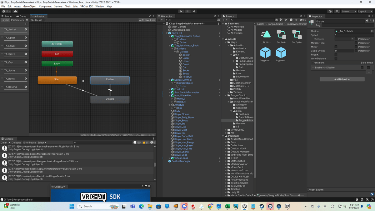 VRC桔梗アバタSnapSwichParameter導入メモ（カメラ表示、SampleGimmic、服の着脱の設定まで）｜kirigo@VRC