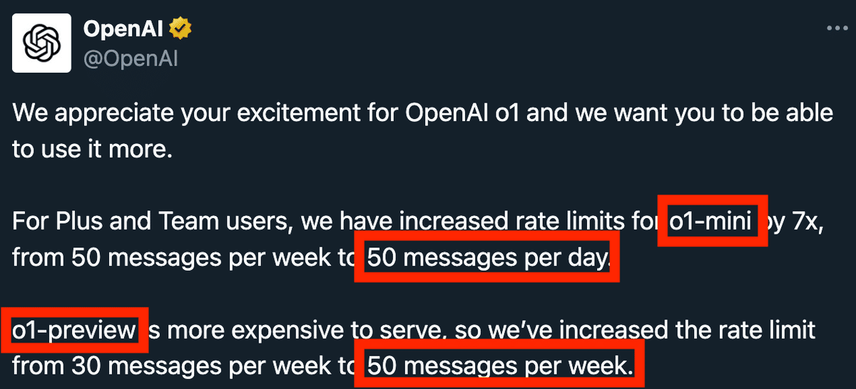 【ChatGPT o1】利用回数制限の変更：o1-miniは1日50回、o1-previewは週50回に緩和→基本、"o1-mini"を使い ...