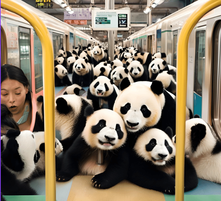 今日、パンダで満員電車でした。これなら通勤してもいい。（Canva生成AI）｜Lio（りお） ライター|Banso Works