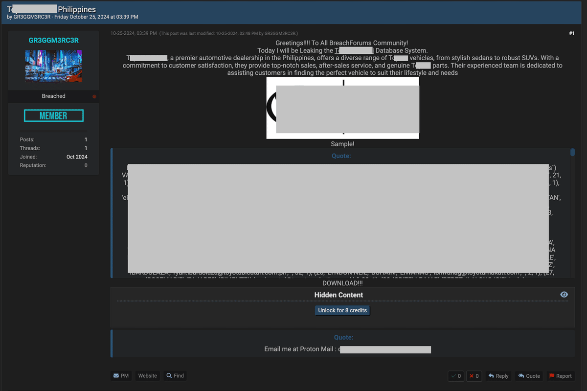 (速報)日本の自動車大手T社フィリピン支社、データベースが漏洩か｜Darkpedia: サイバー犯罪のダークトレンド