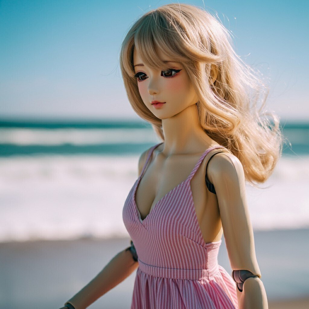 海岸 de ロボット、ピンク、ストライプ @Copilot & ImageFX＋プロンプト｜茜町春彦