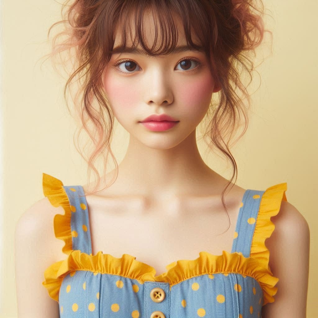 黄色の背景 de 20才女子、水玉、青色と橙色 @Copilot & ImageFX & Firefly＋プロンプト｜茜町春彦