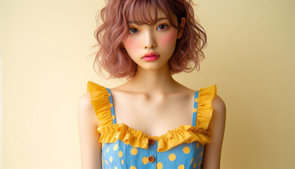 黄色の背景 de 20才女子、水玉、青色と橙色 @Copilot & ImageFX & Firefly＋プロンプト｜茜町春彦